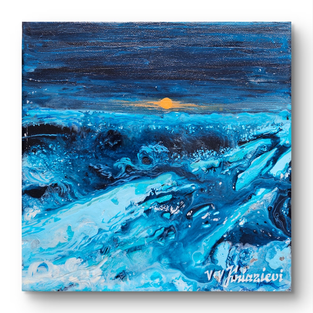 ORIGINAL Mini Canvas Painting Seascape UKRAINIAN Art Blue Abstract WAVE ...