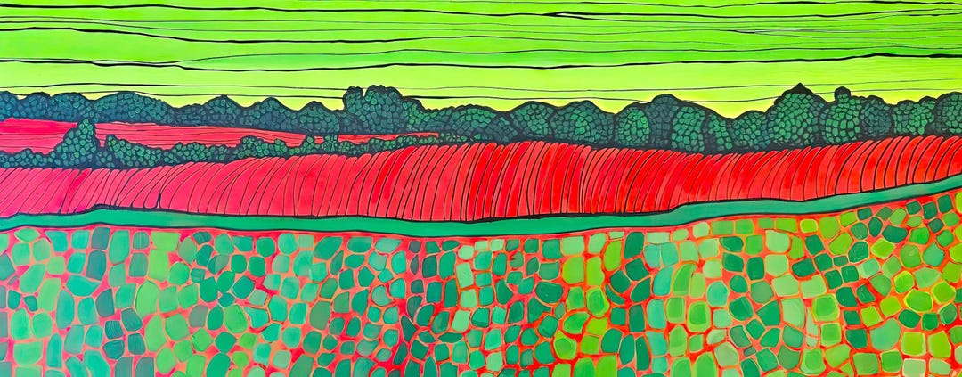 Green and Red Long Horizontal LANDSCAPE Abstract Art Painting, Original ...
