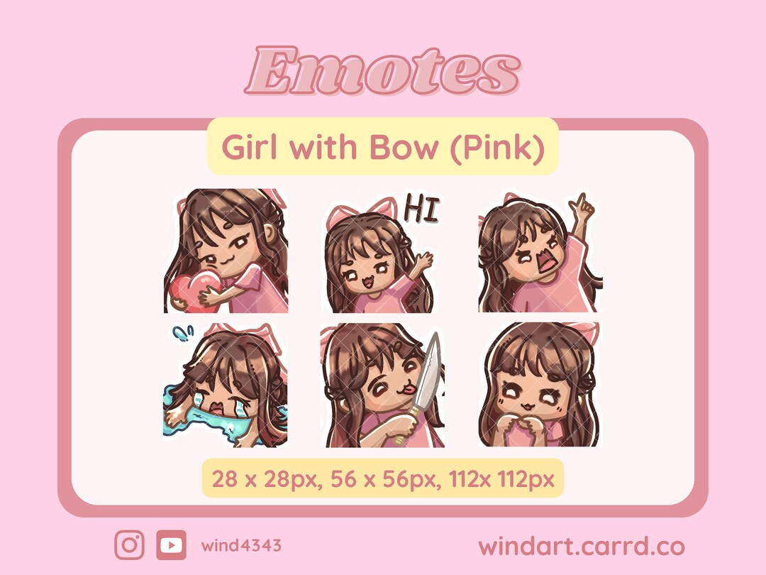 Pink Girl With Bow Emotes Heart, Hi, Angry, Cry, Scary, Shy Twitch ...