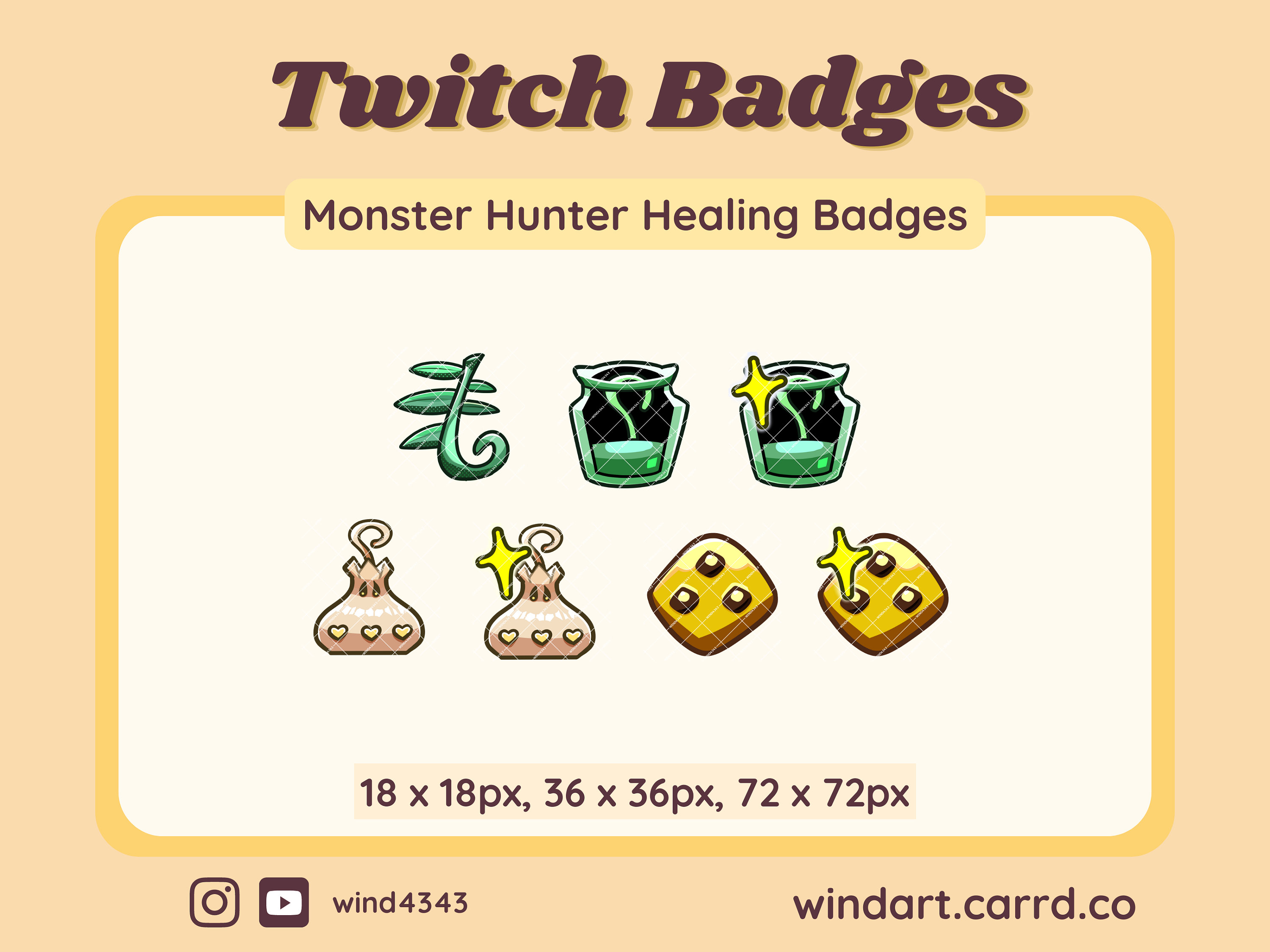 Monster Hunter Twitch Badges Healing Set herb, Potion, Mega Potion, Max ...