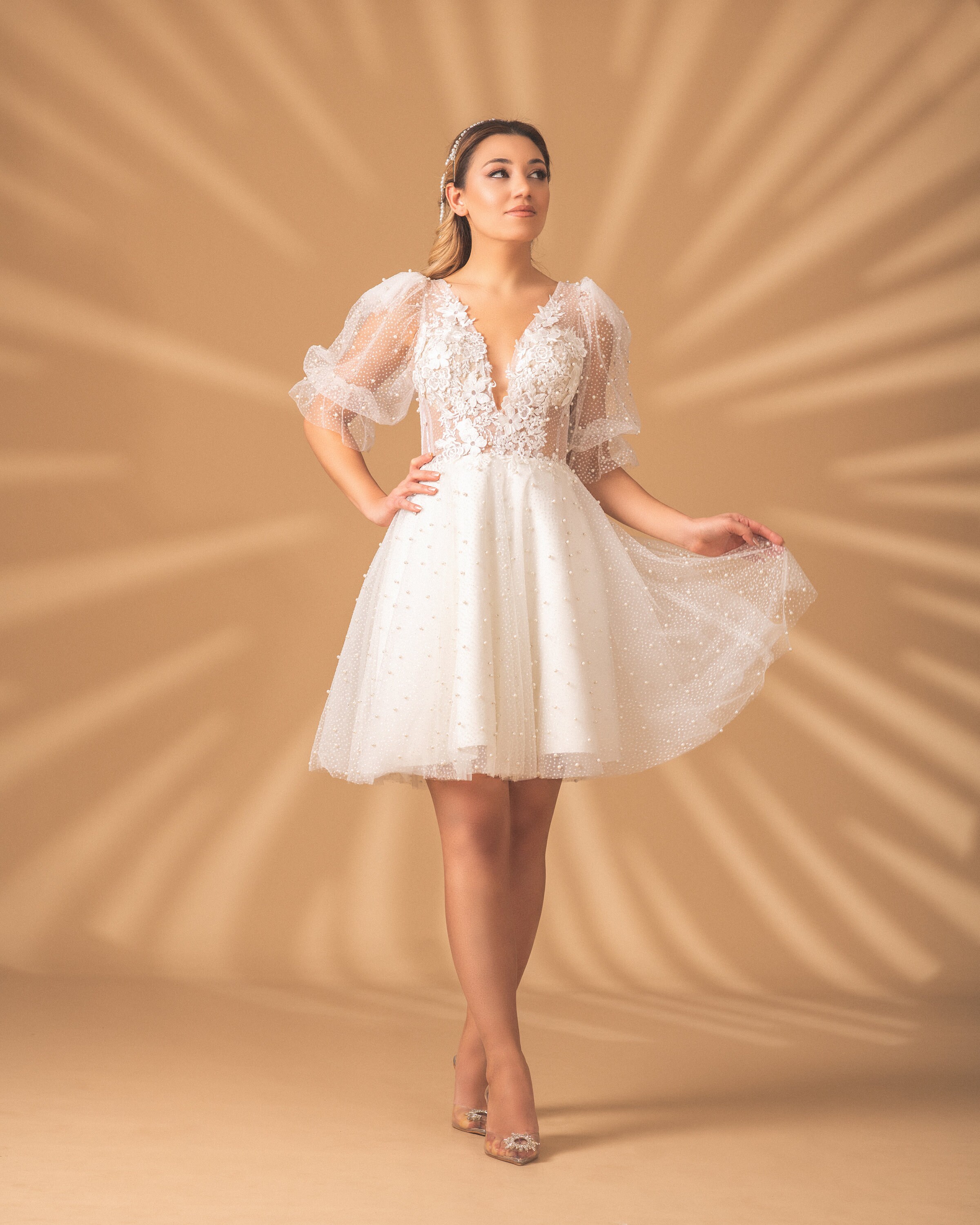 Chic V-neck Mini Dress With Balloon Sleeves and Pearl Tulle Perfect for ...