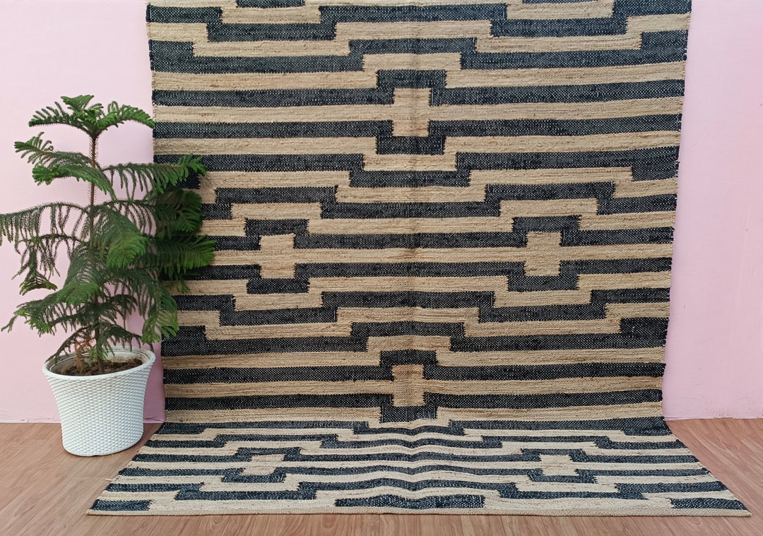 Handwoven Jute Geometric Flat Weave Rug Black and Natural Boho Style ...