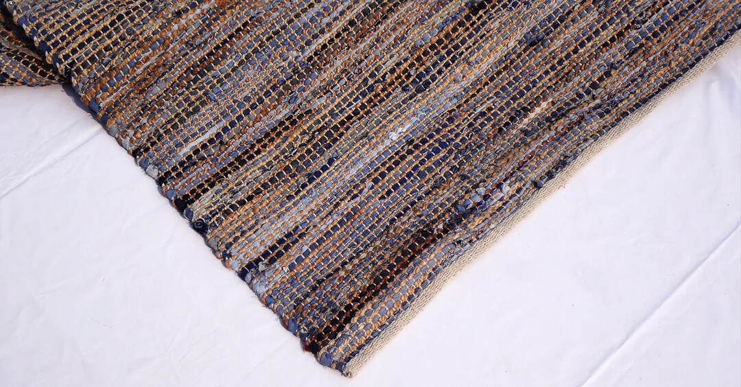Hand-woven Denim Rug for Living Room Recycled Blue Jute Cotton Boho Rug ...