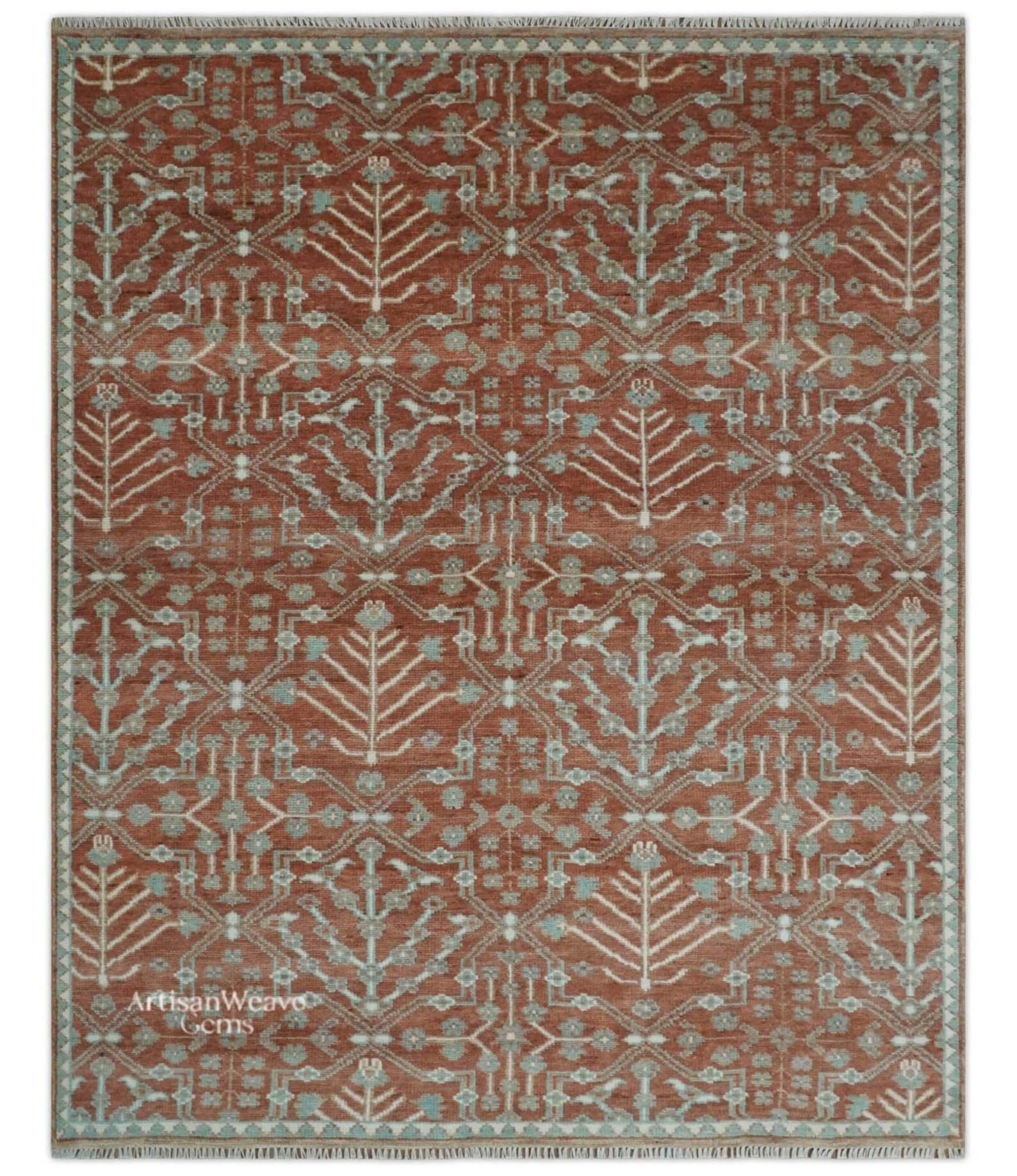 Rust Aqua Hand Knotted Modern Oushak Premium Wool Floral Area Rug - Etsy