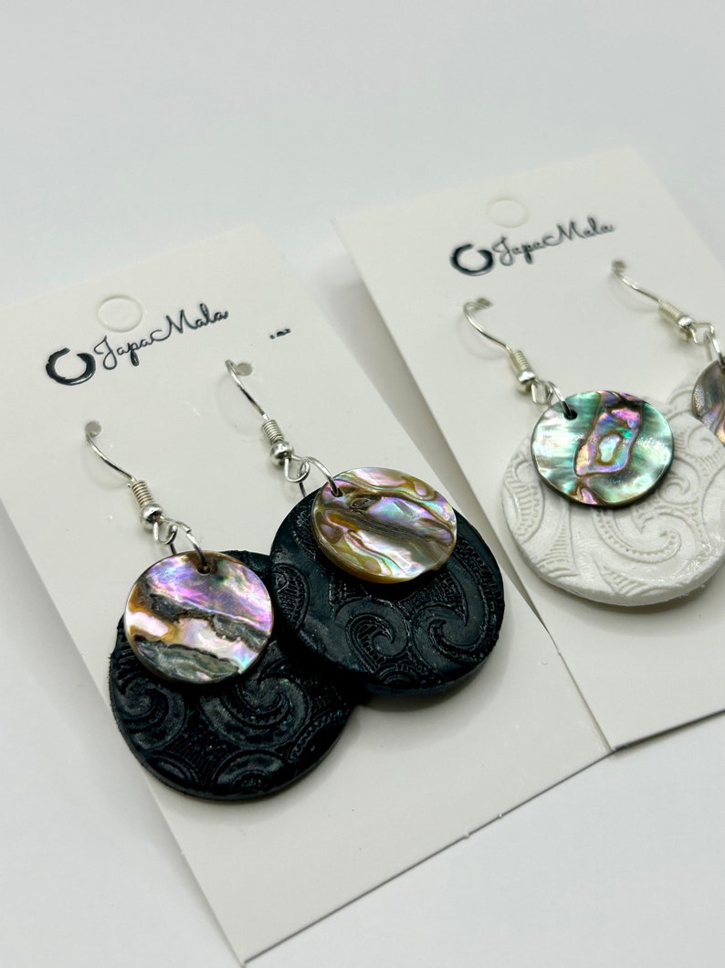 Handmade Maori Design Black or White With Paua Earrings Polymer Clay ...