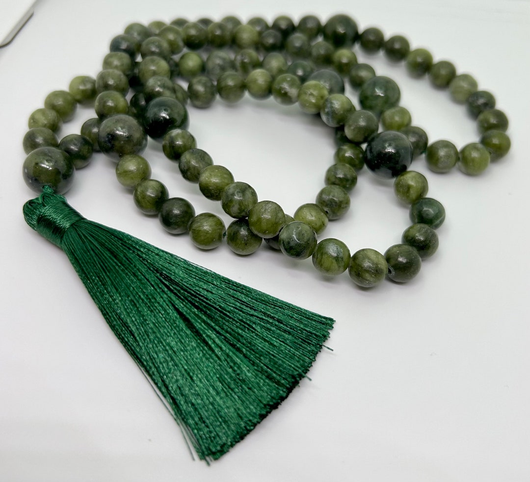 Buy Green Jade Mala Beads With Forest Green Tassel 108 Bead Necklace ...