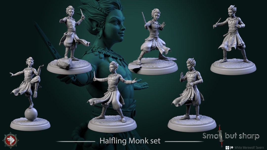 Halfling Monks Set - Small but Sharp - 32mm Scale (25mm Base) - White ...