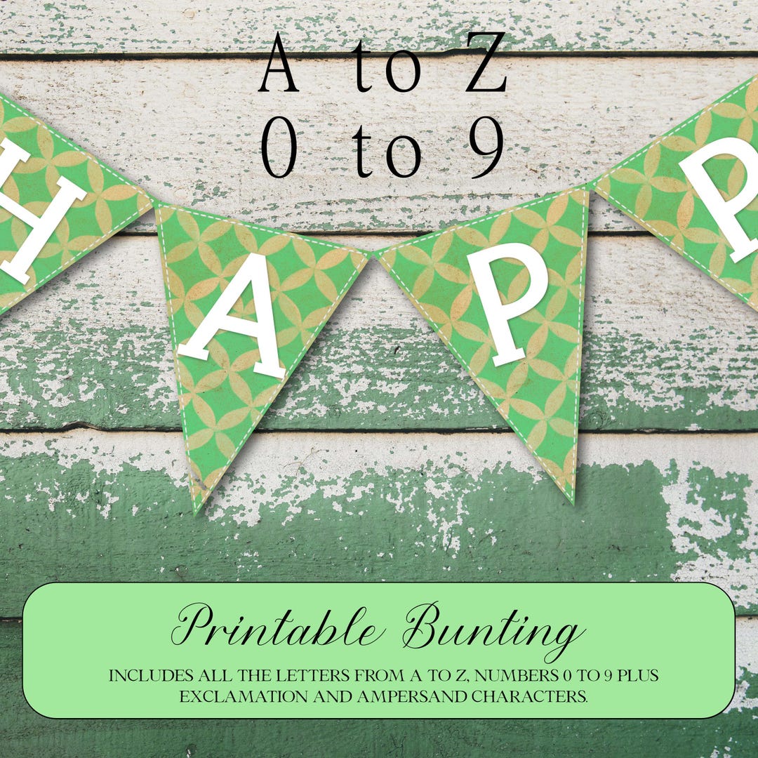 Printable Green Bunting Pennant Flags, Four Petal Flower Design ...