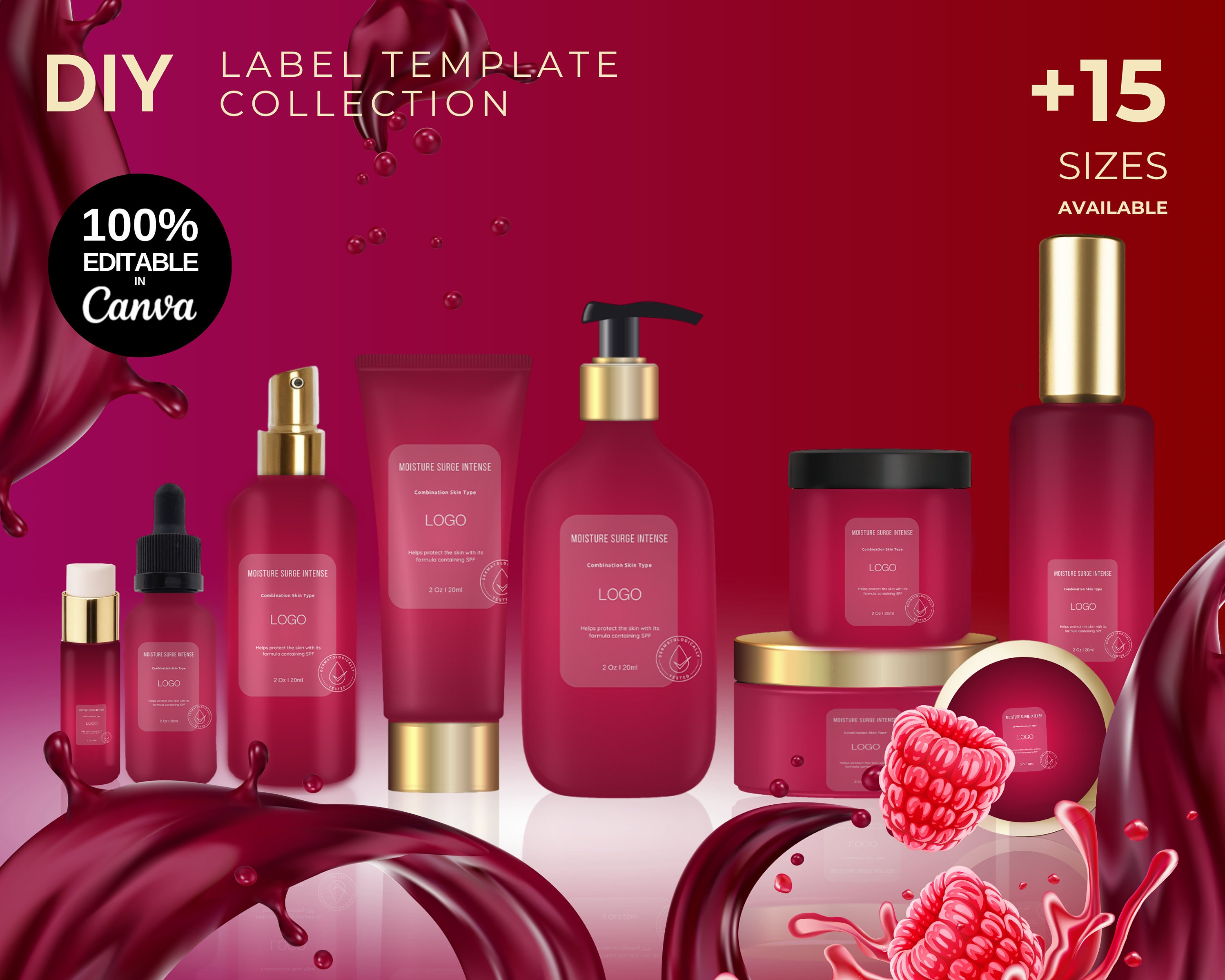 Skincare Labels Set, Canva Product Label Sticker, Intense Raspberry ...