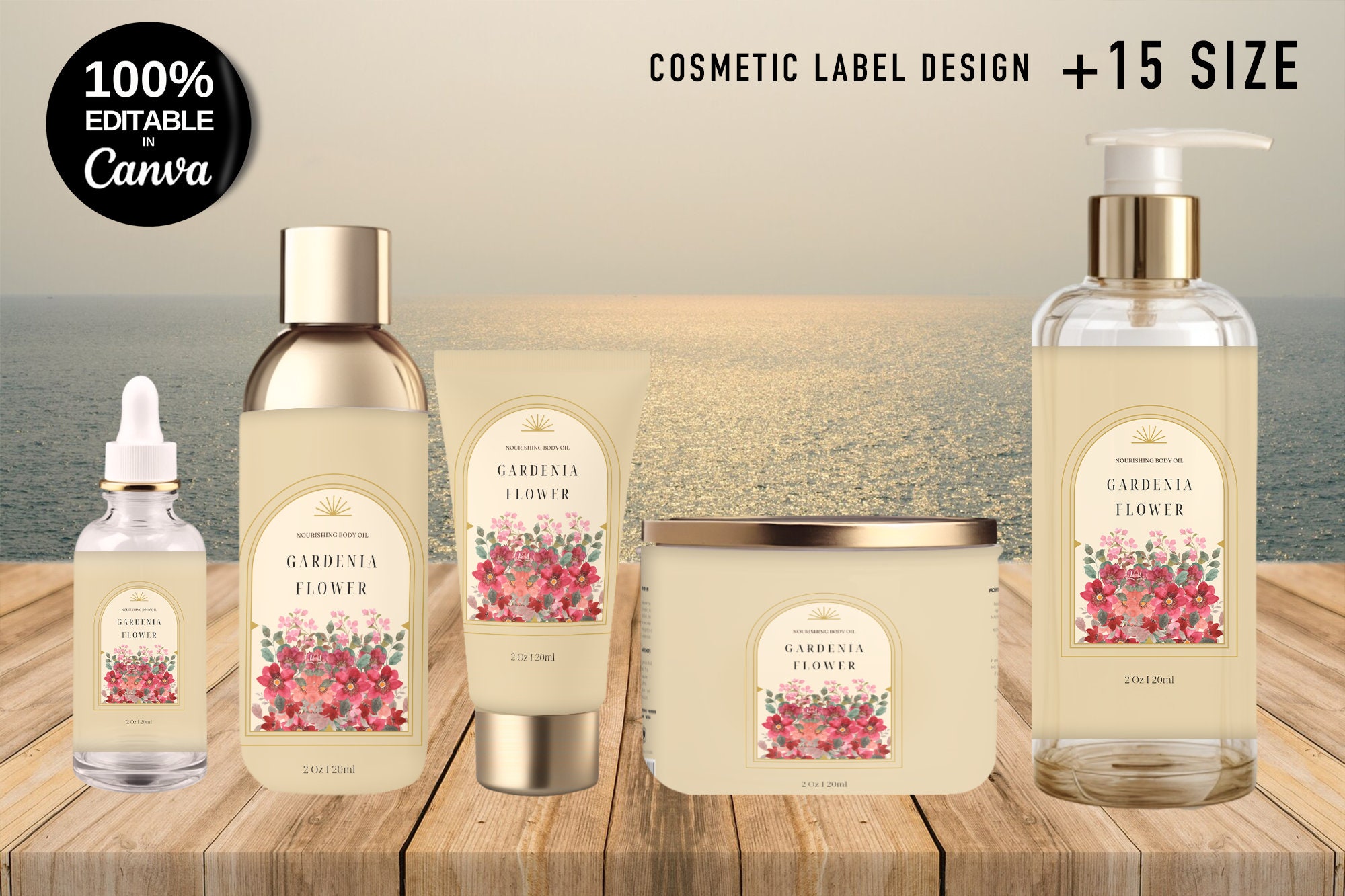 Skincare Labels Set, Gardenia Flower Cosmetic Label Template Bundle ...