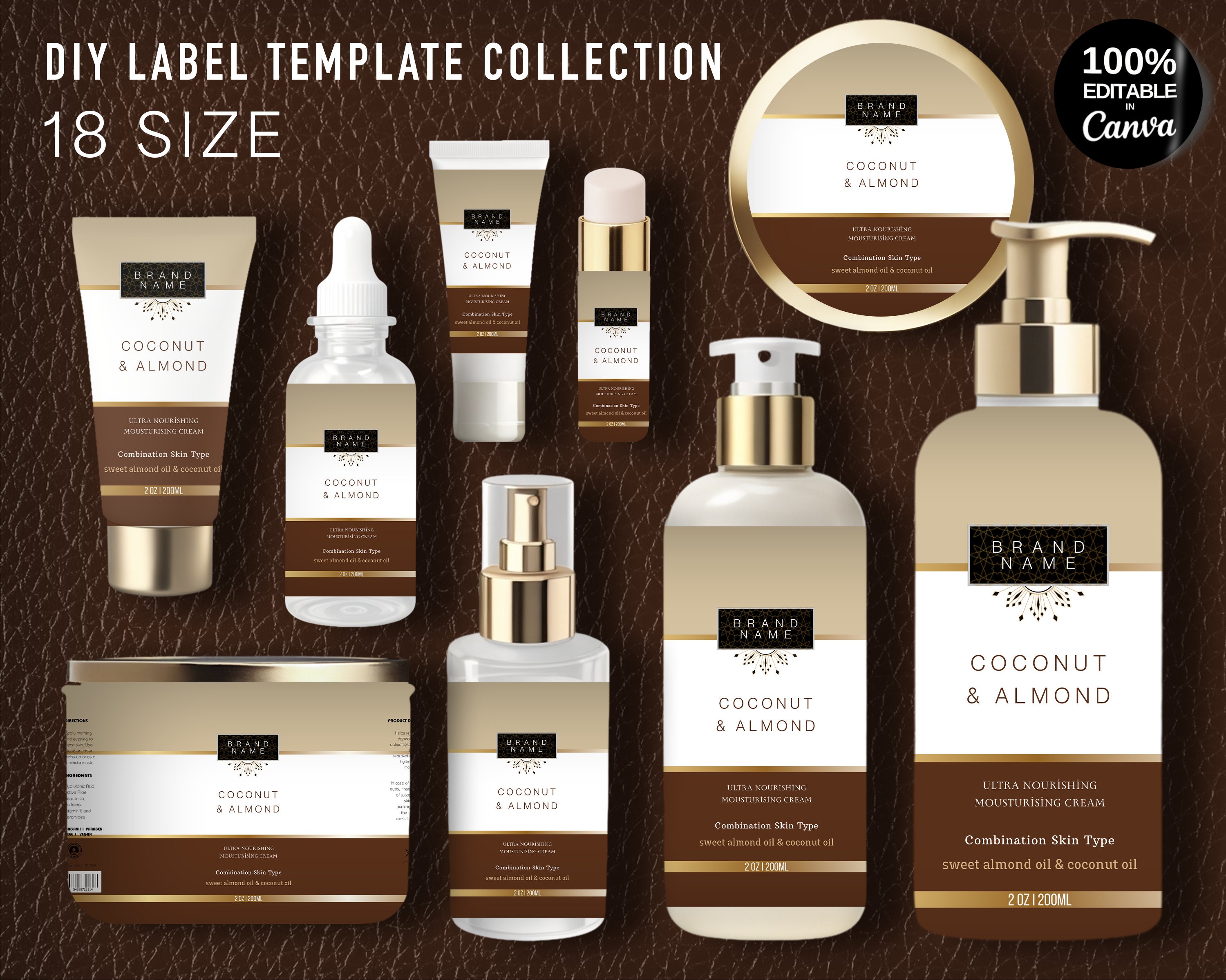 Skincare Labels Set, Coconut Almond Cosmetic Label Template Bundle ...
