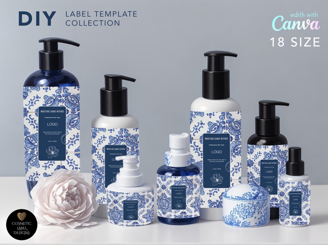 Skincare Template Label Collection, Blue Chine Tile DIY Editable ...