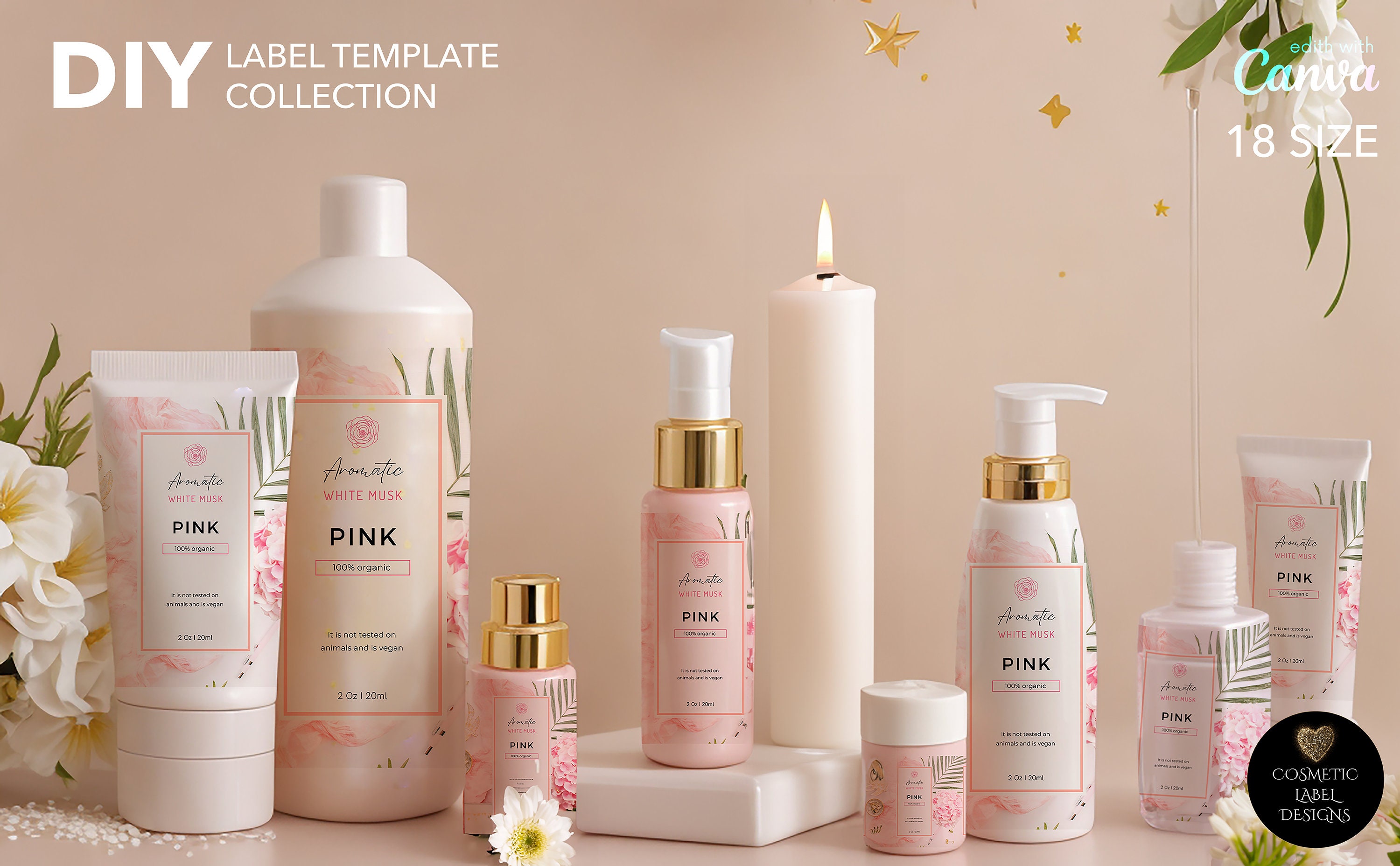 Editable Skincare Labels Set- Pink Flower Cosmetic Label Template ...