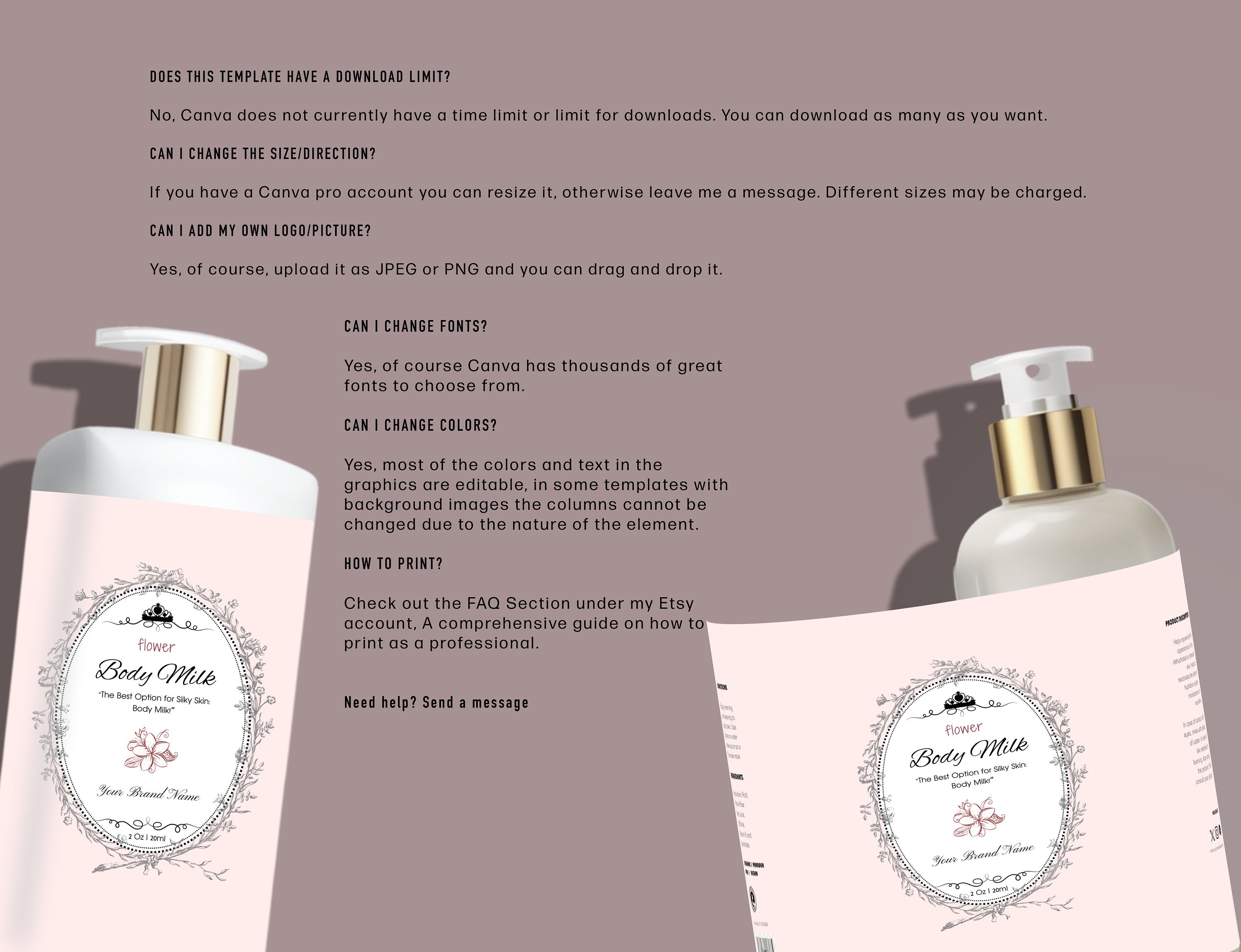 Skincare Labels Set, Flower Body Milk Cosmetic Label Template Bundle ...