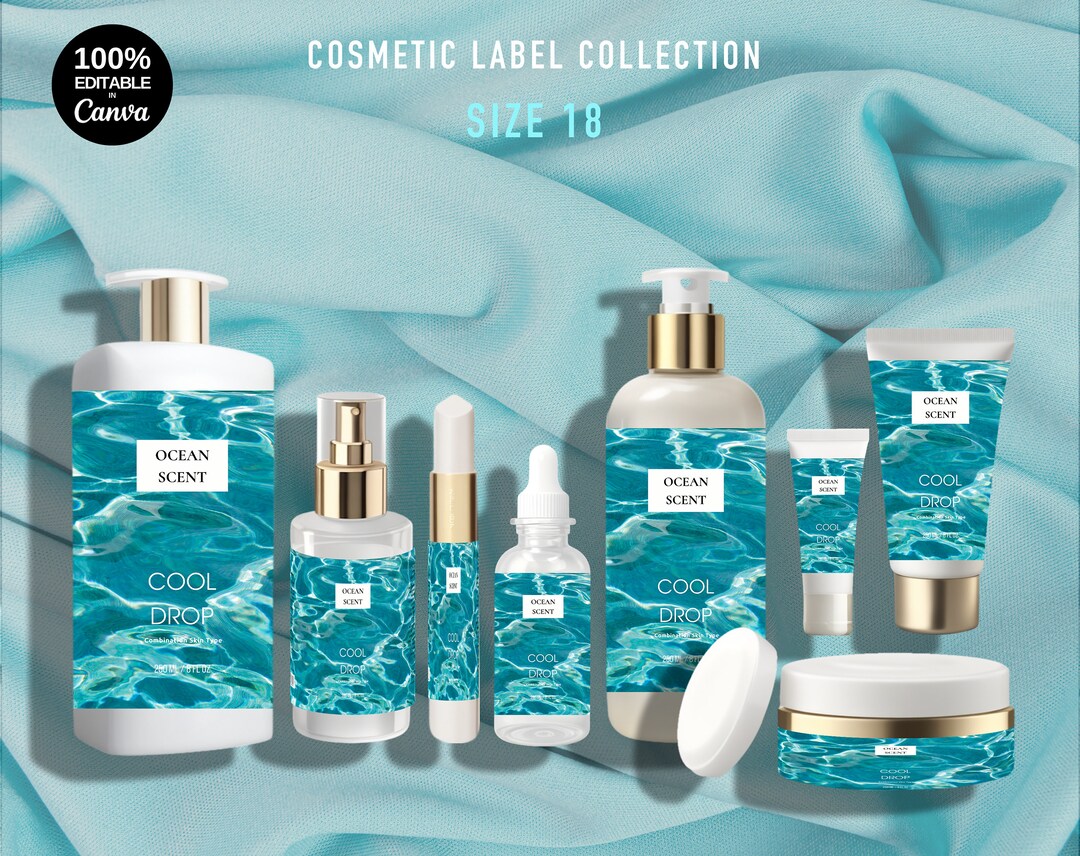 Skincare Template Label Collection, Ocean Scent DIY Editable Cosmetic ...