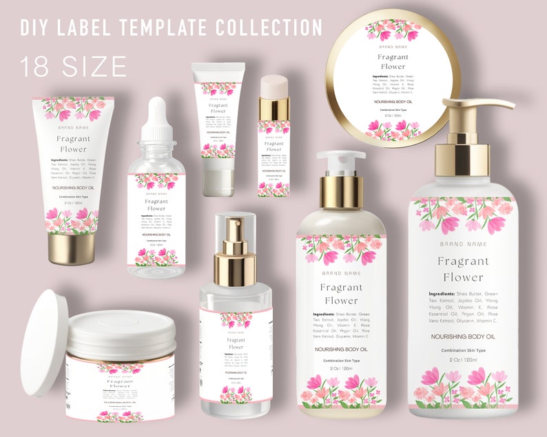 Skincare Labels Set, Fragrant Flower Cosmetic Label Template Bundle ...