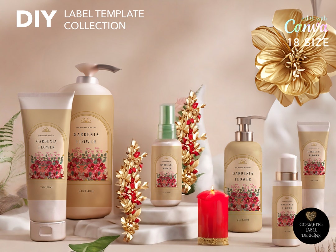 Skincare Labels Set, Gardenia Flower Cosmetic Label Template Bundle ...