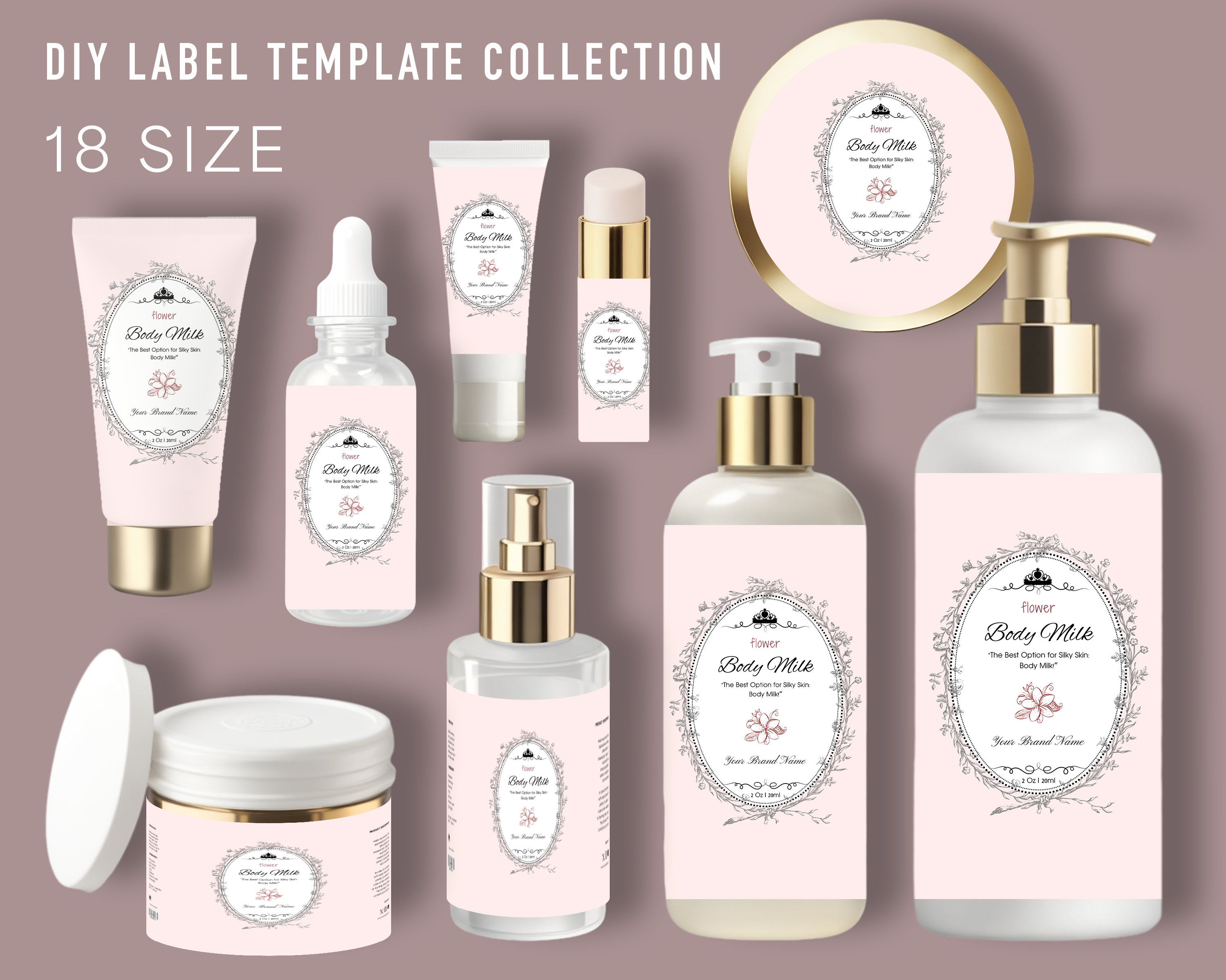 Skincare Labels Set, Flower Body Milk Cosmetic Label Template Bundle ...