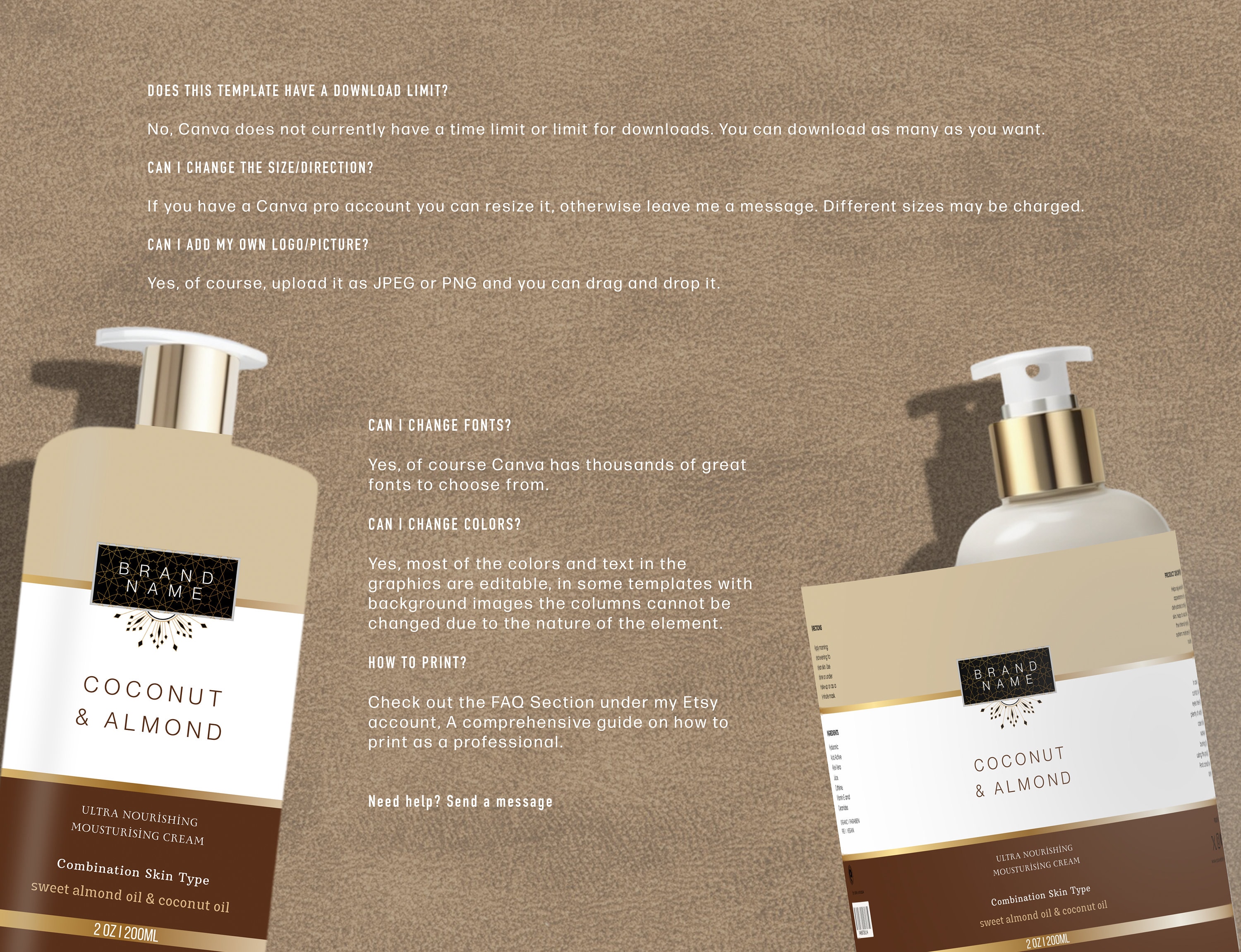 Skincare Labels Set, Coconut Almond Cosmetic Label Template Bundle ...