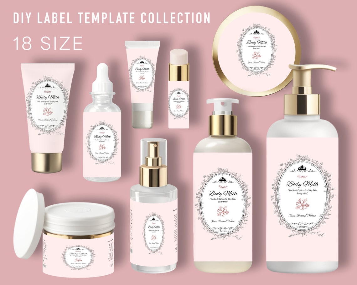 Skincare Labels Set, Flower Body Milk Cosmetic Label Template Bundle ...