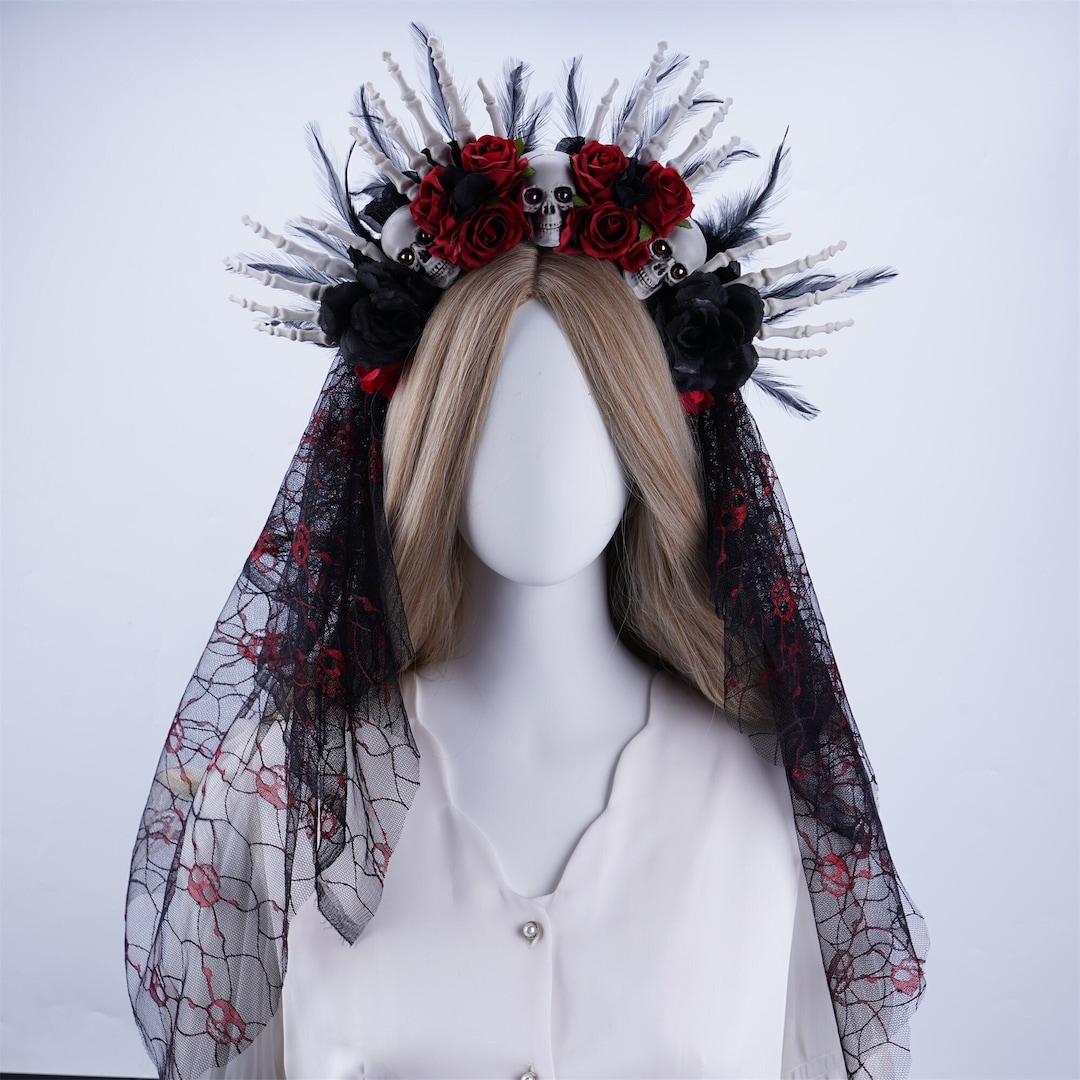 Skull Black Veil Crown Gothic Wedding Day of the Dead Tiara Halloween ...