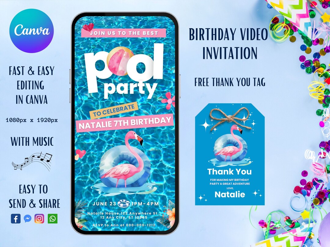 Kids Pool Party Invitation Birthday Invitation Video Editable Canva ...