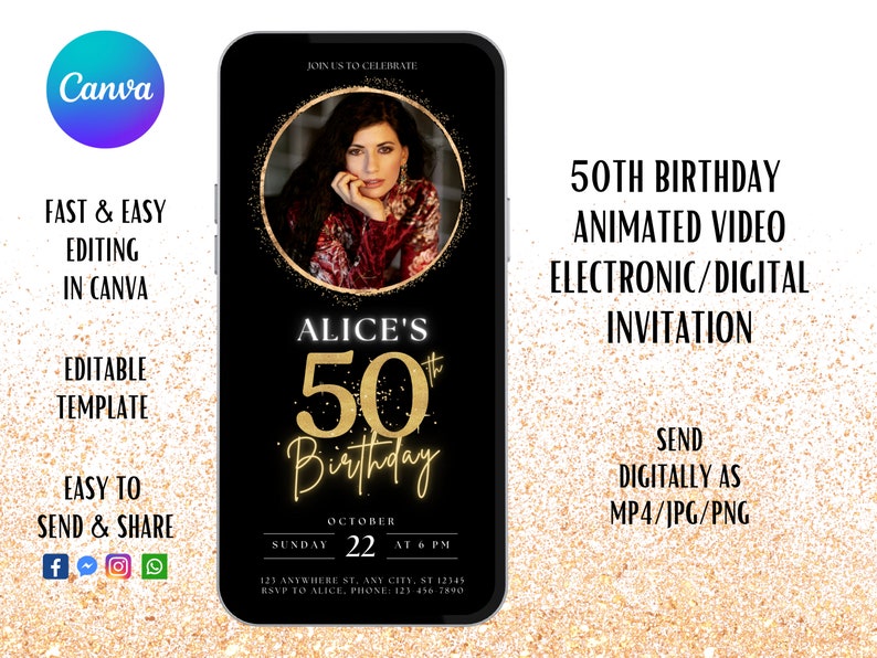 Editable 50th Birthday Invitation Template Black and Gold for Women for ...