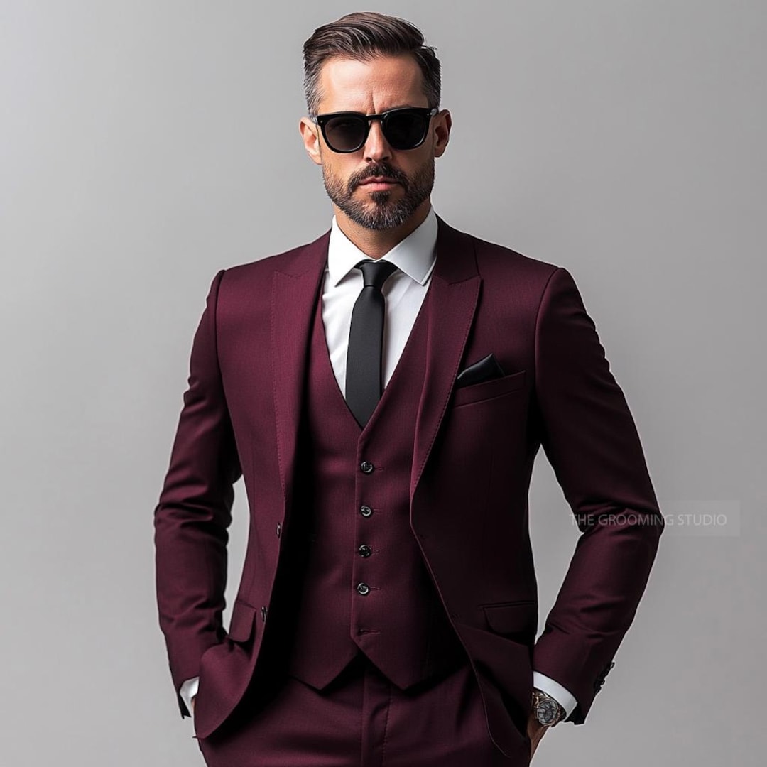 Luxury BURGUNDY WINE COLOR 3 Piece Slim Fit Suit for Men, Party Suit ...