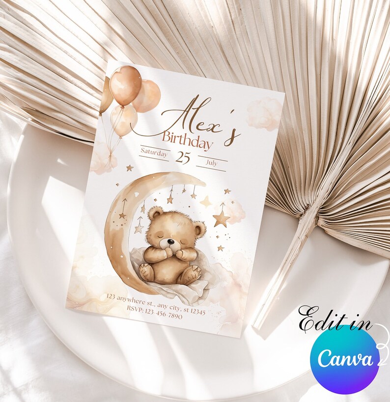 Editable Baby Bear Birthday Invitation: Boho Moon Party (digital ...