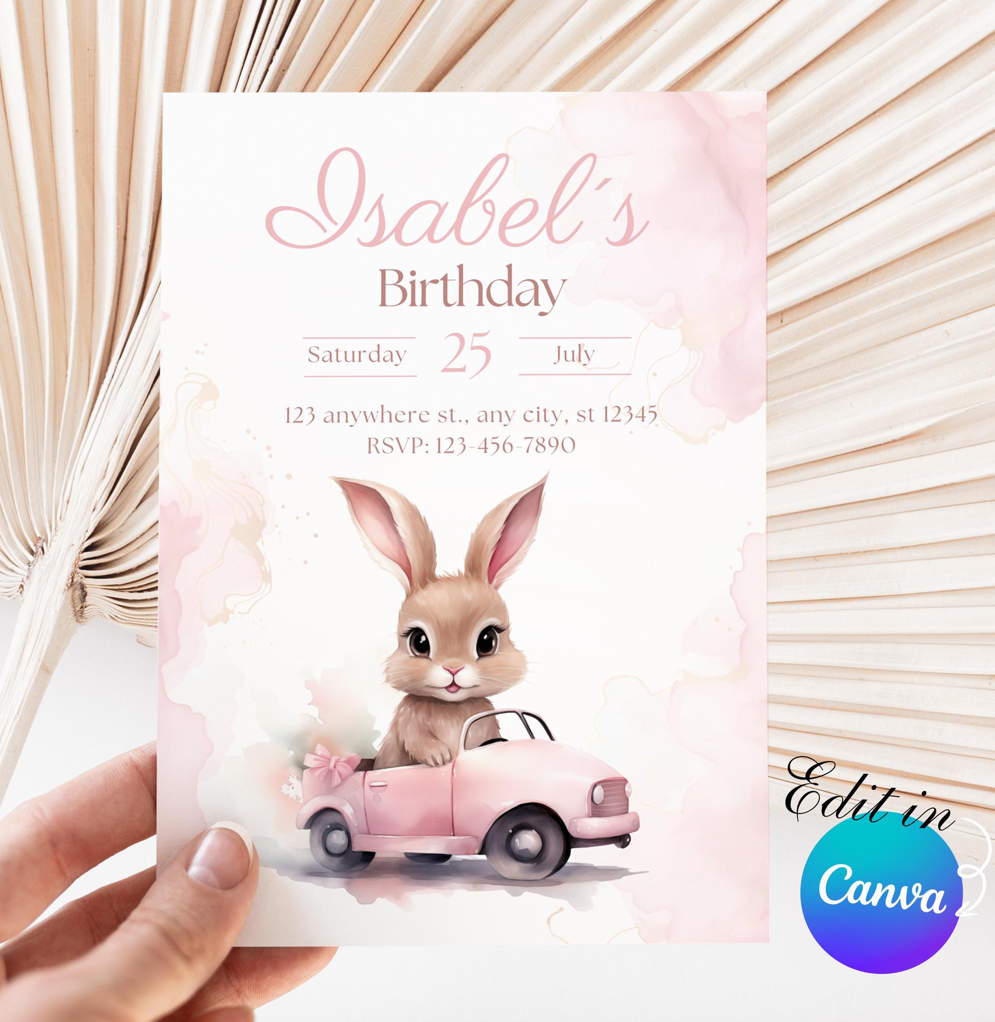 Editable Bunny Birthday Invitation, Rabbit Invite, Colorful Birthday ...