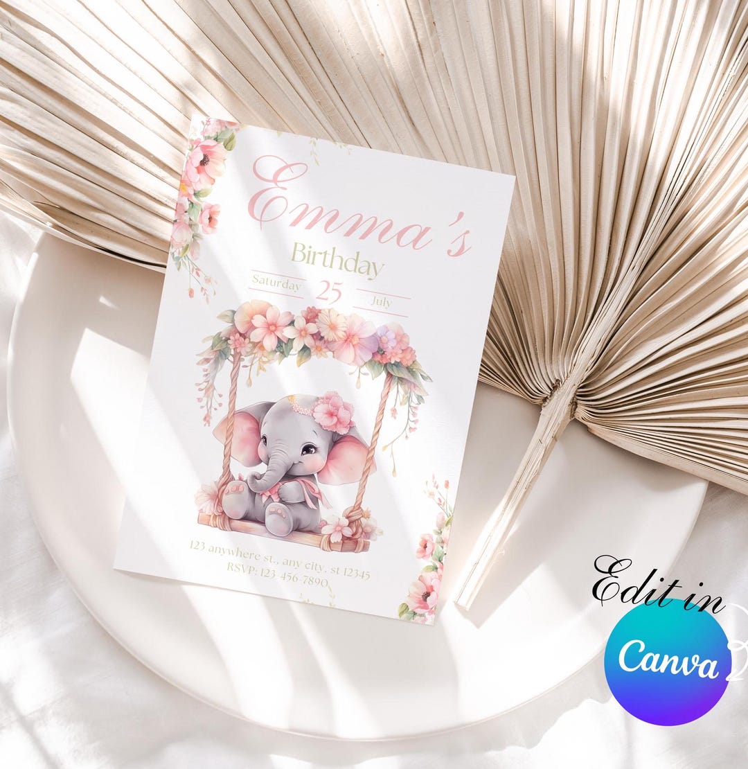 Pink Elephant Birthday Invitation Template (digital Download) - Etsy