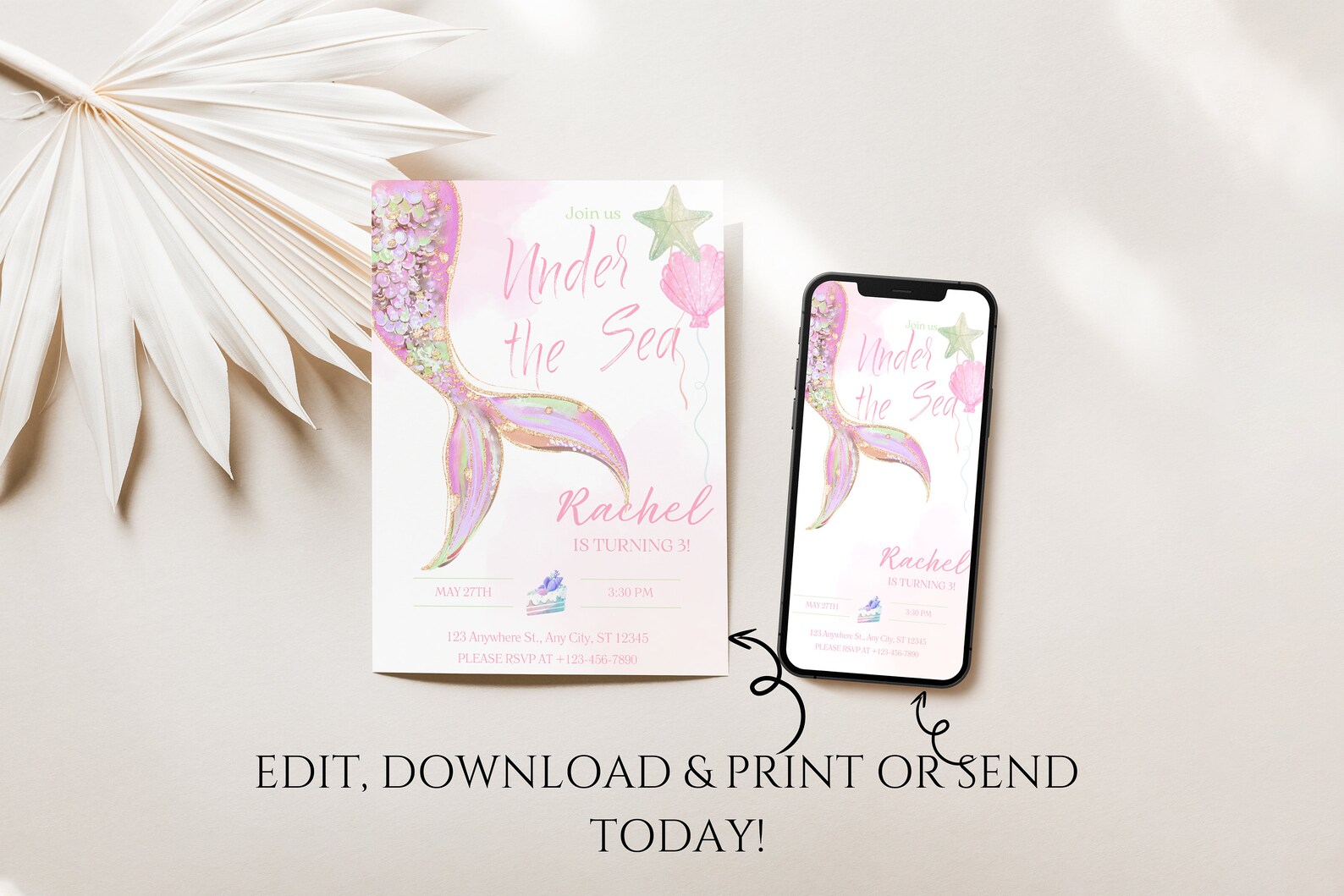 Editable Mermaid Birthday Invitation: Under the Sea Party (digital ...