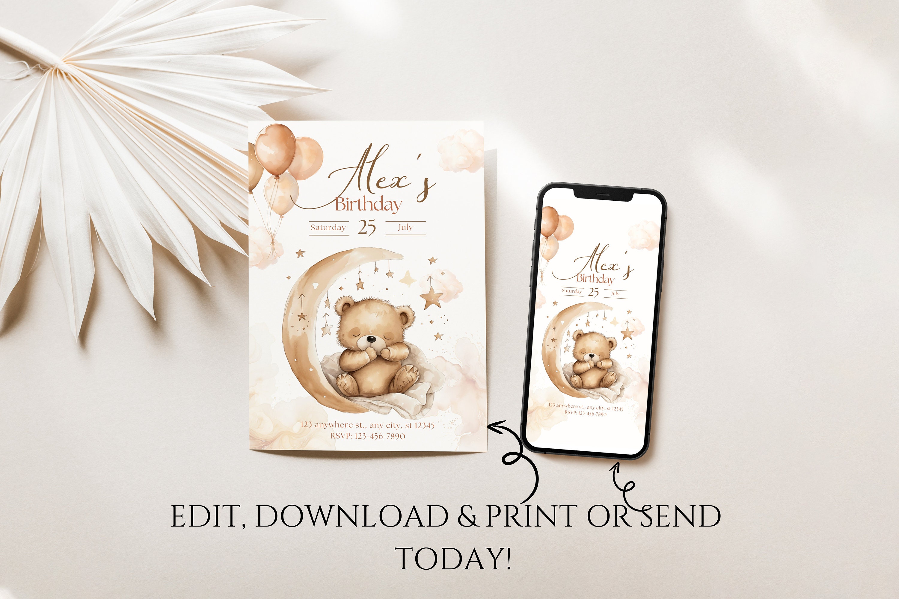 Editable Baby Bear Birthday Invitation: Boho Moon Party (digital ...