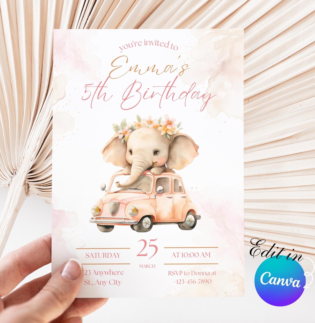 Elephant Birthday Invitation: Pink Boho Party, Editable Template ...