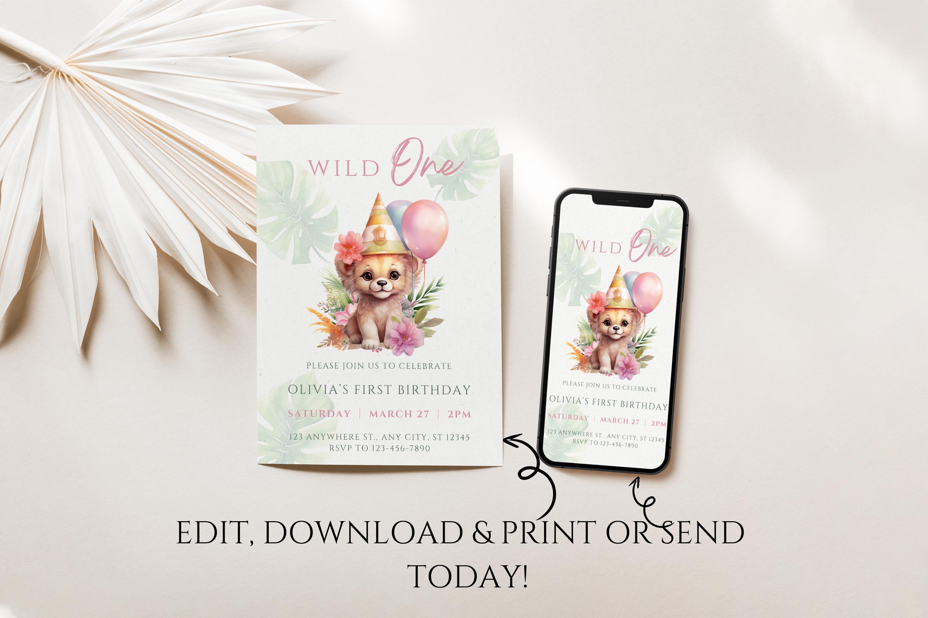 Editable Safari Birthday Invitation: Wild One, Pink (digital Download ...