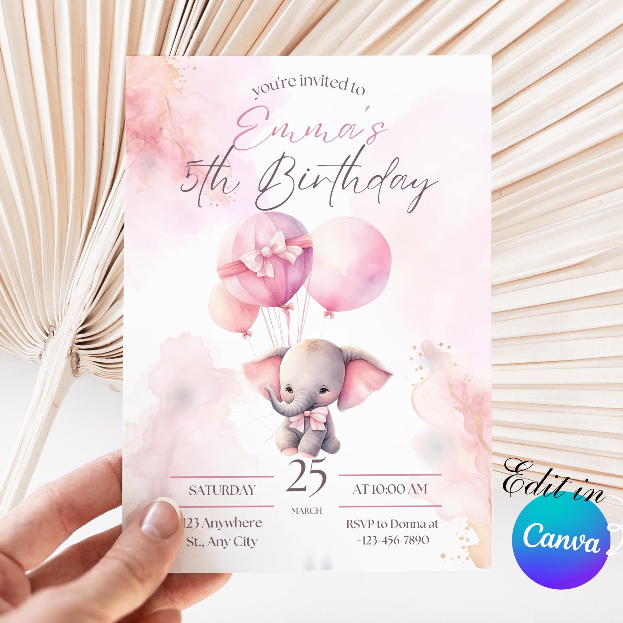 Editable Birthday Invitation, Elephant Invite, Baby Birthday Party ...