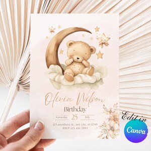 Editable Baby Bear Birthday Invitation: Boho Moon Party (instant ...