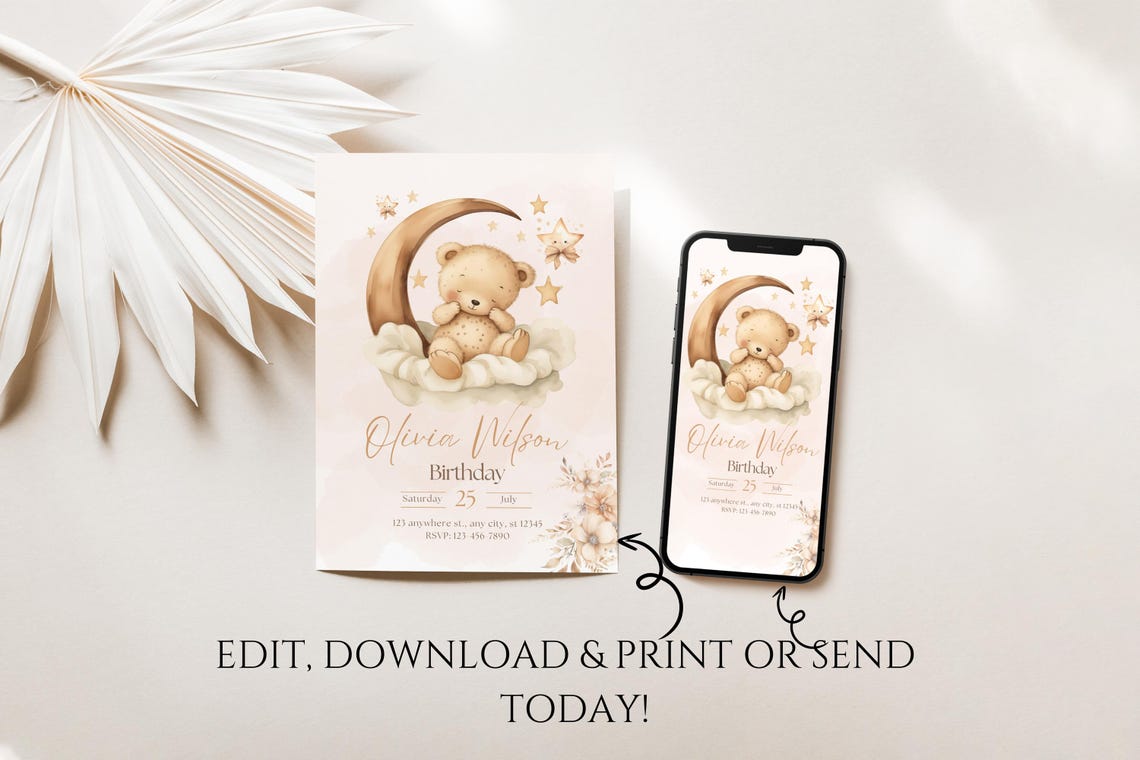 Editable Baby Bear Birthday Invitation: Boho Moon Party (instant ...