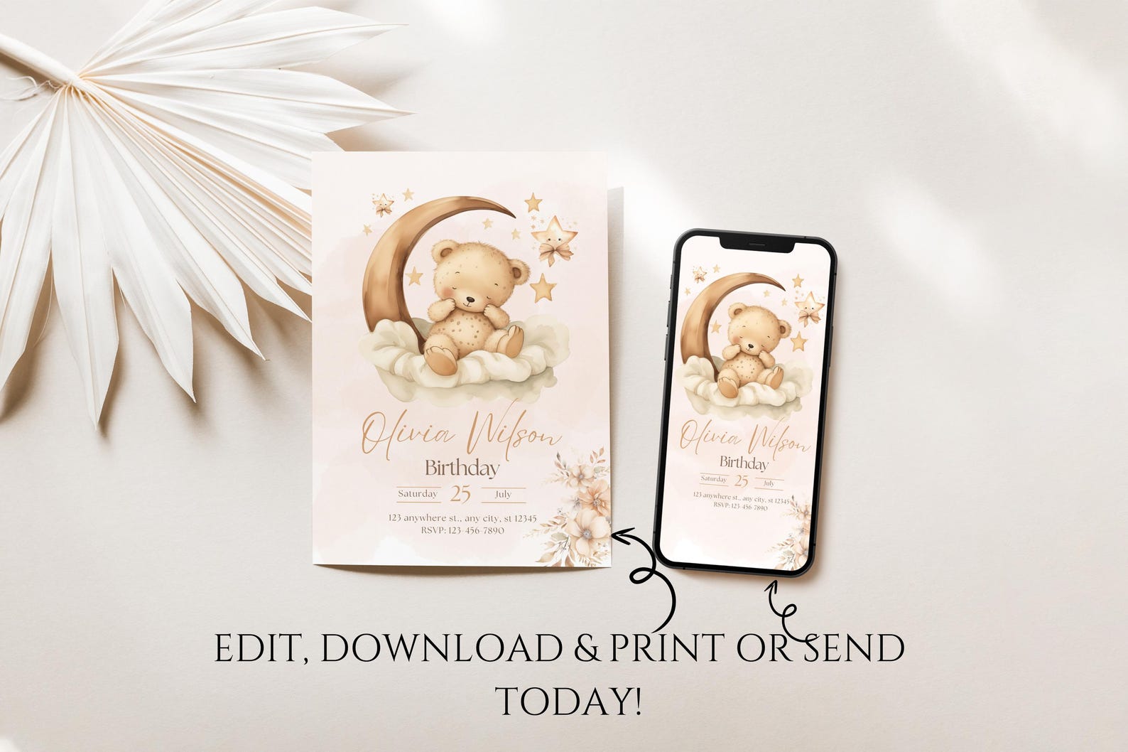 Editable Baby Bear Birthday Invitation: Boho Moon Party (instant ...