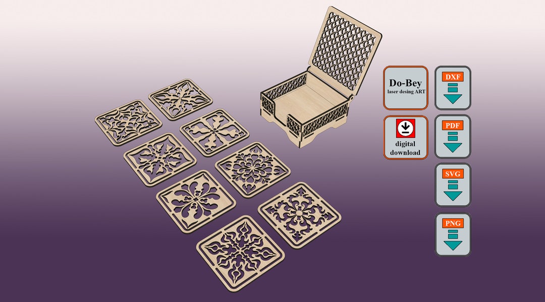 Wooden Laser Cut 8 Coasters, Square Coasters, Decorative Box, Wooden ...