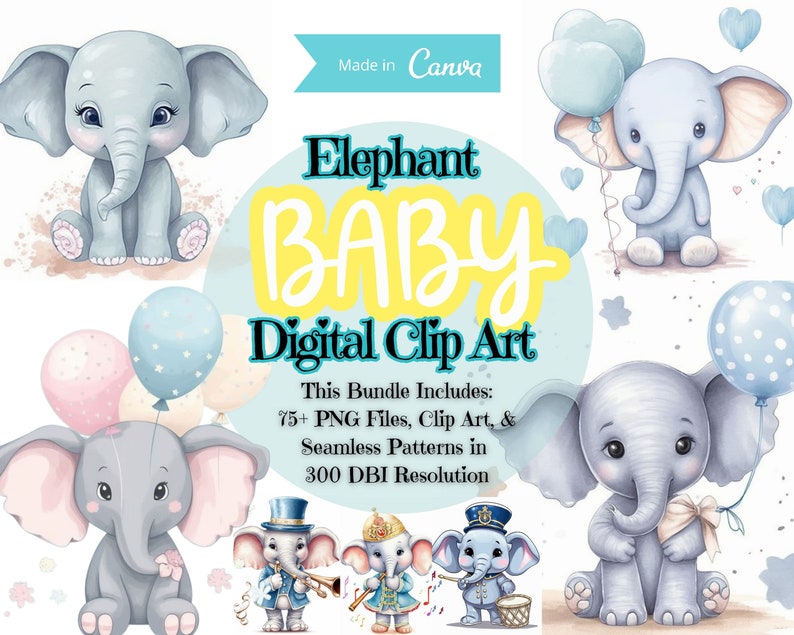 Elephant Baby Digital Clip Art Bundle, Nursery Decor, Baby Shower Decor ...