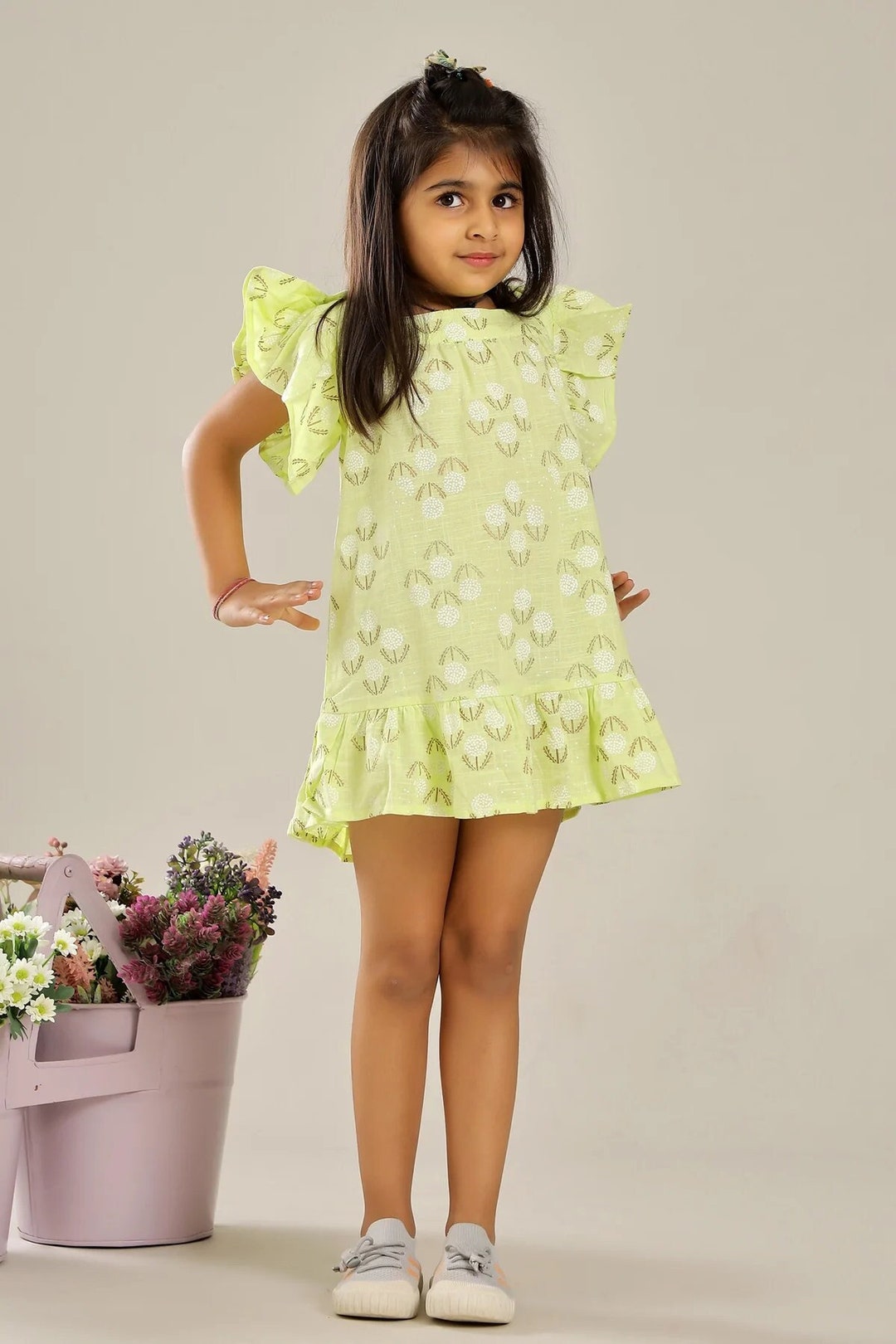 Gold Print Frock With Bow, Baby Girl Frock, Neon Green Color Gift for ...