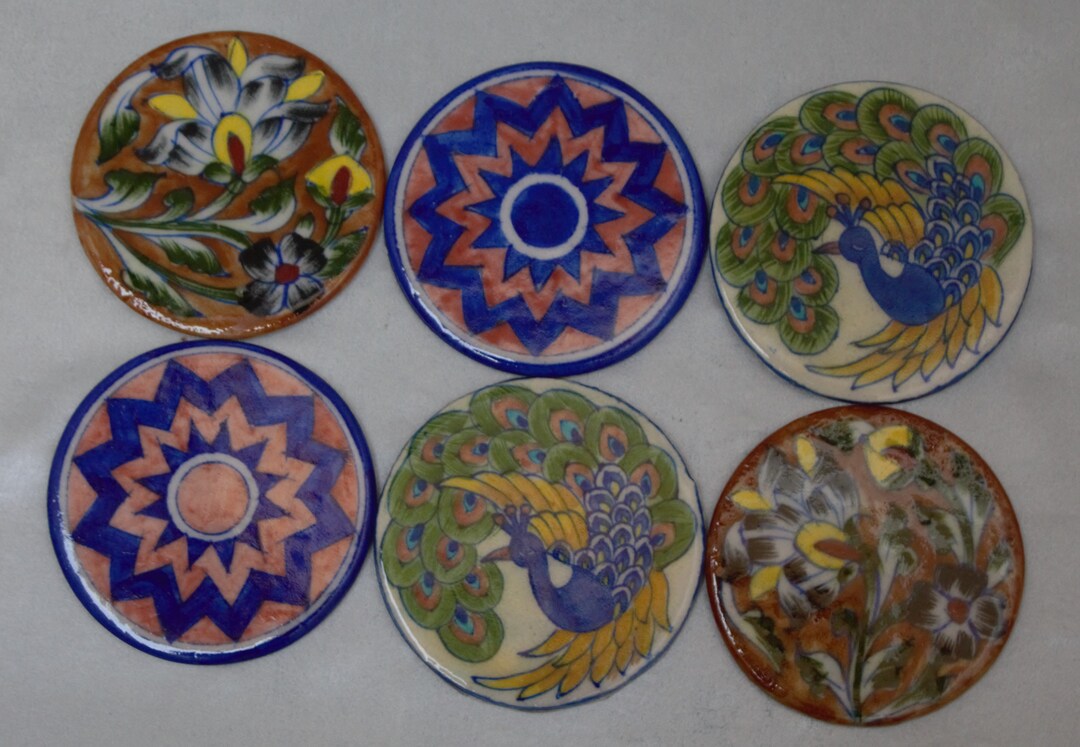 Set of 6, Beautiful Assorted Coasters , Blue Pottery , Handmade ...