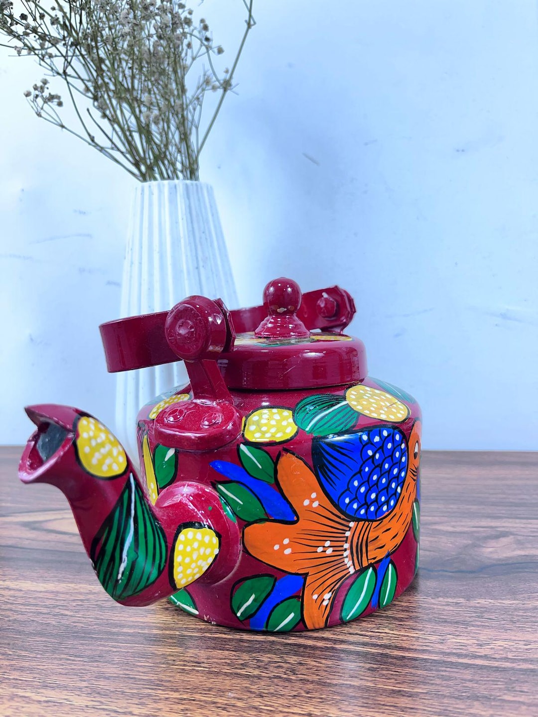 Hand Painted Tea Kettle Red, Blue and Yellow Color Hand Painted ...