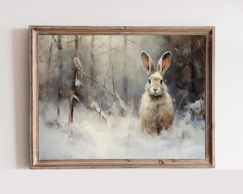 Vintage Winter Landscape Print, Rabbit in Winter Painting, Winter Scene ...