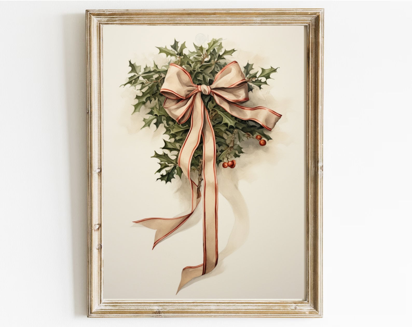 Vintage Christmas Wall Art, Holly With Christmas Ribbon, Vintageprint ...