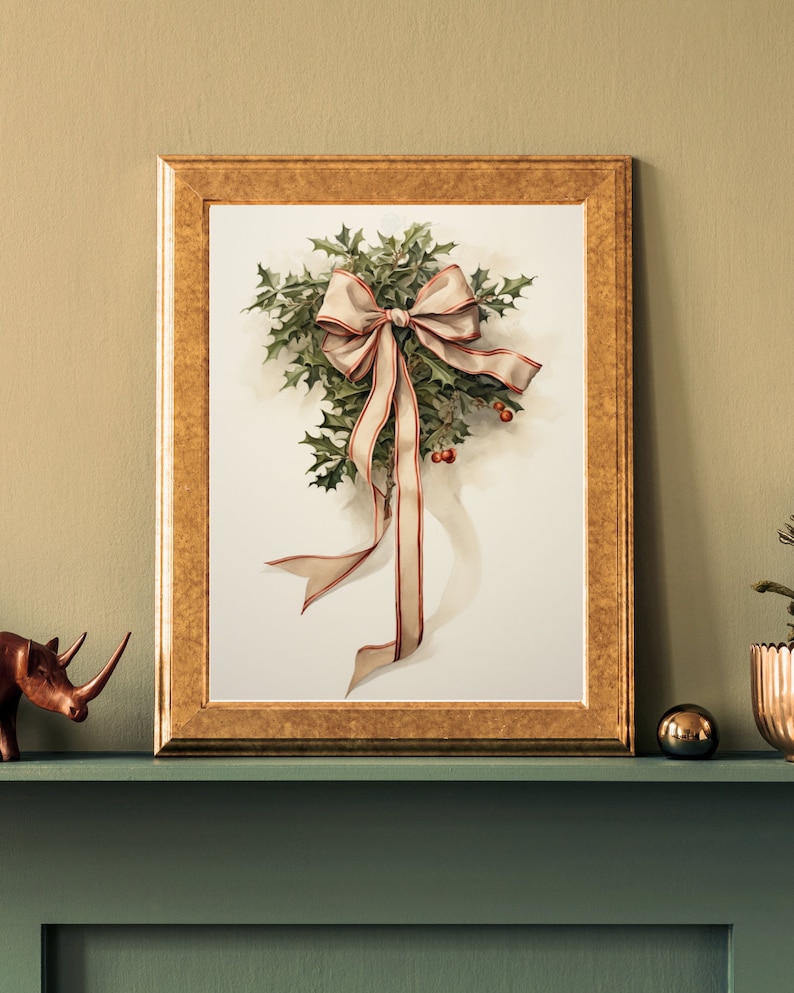 Vintage Christmas Wall Art, Holly With Christmas Ribbon, Vintageprint ...