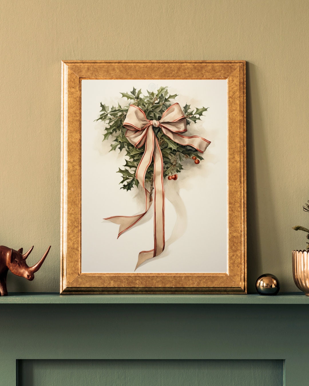 Vintage Christmas Wall Art, Holly With Christmas Ribbon, Vintageprint ...
