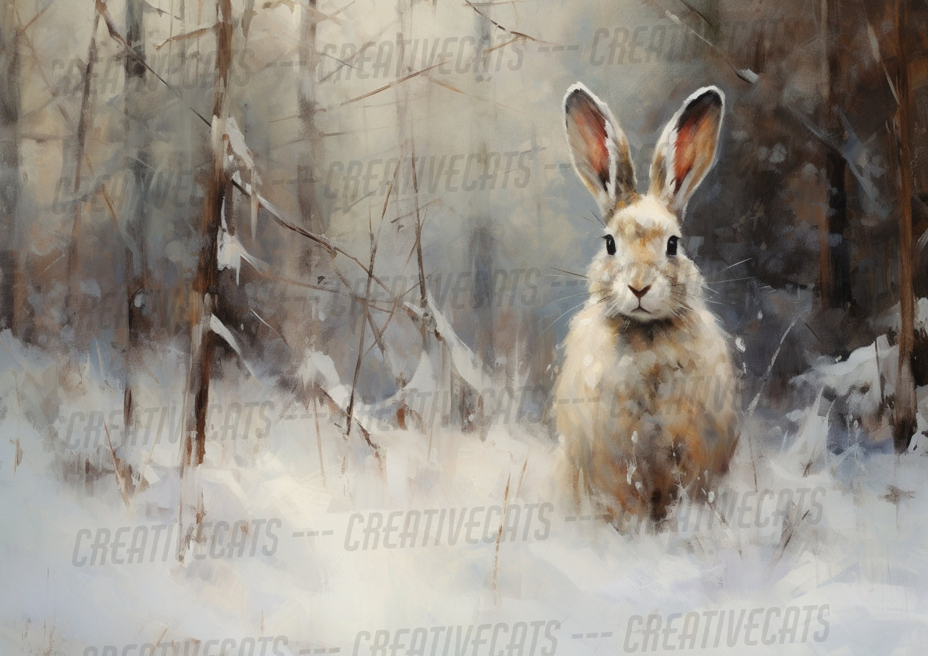 Vintage Winter Landscape Print, Rabbit in Winter Painting, Winter Scene ...