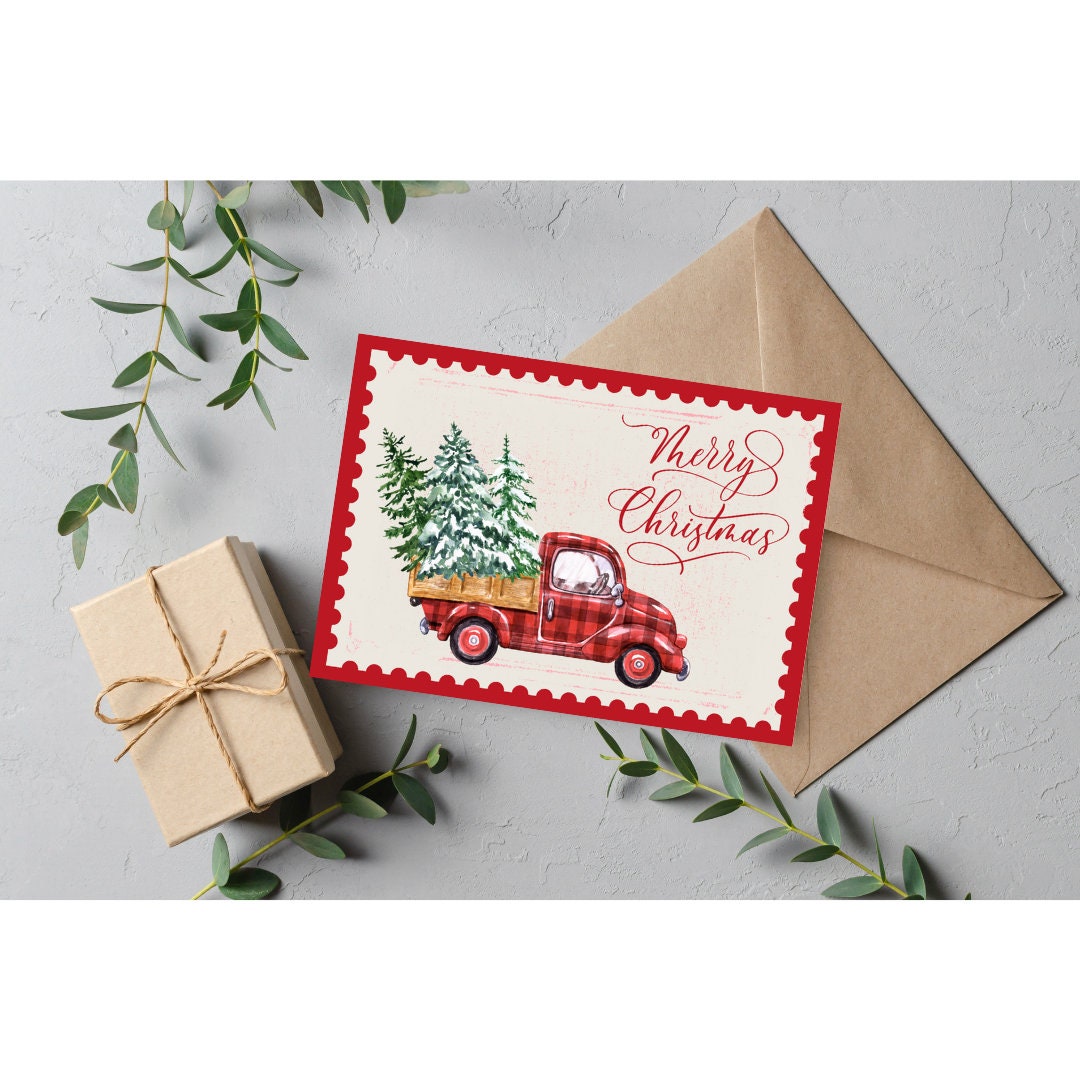 Printable Christmas Card: Red Truck, Holiday Tree (digital Download) - Etsy